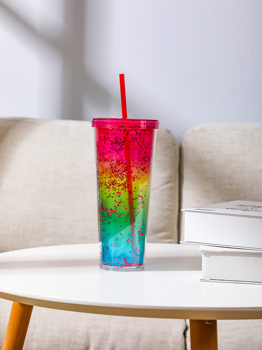 Large Capacity Gradient Color Plastic Water Bottle with Straw (720mL ...